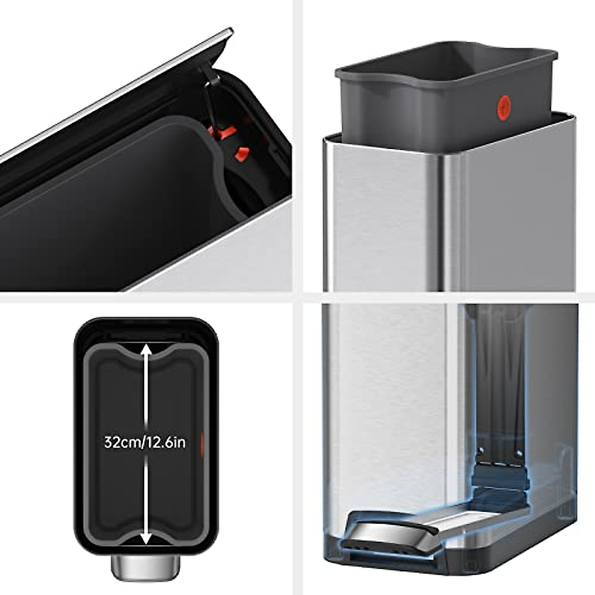 Mbillion Step Trash Can with Liner 35 Liter Butterfly Lid Open Silent Close Rectangular Stainless Steel Step-On Kitchen Garbage Can with Strong Pedal, for Home and Office, Brushed Silver