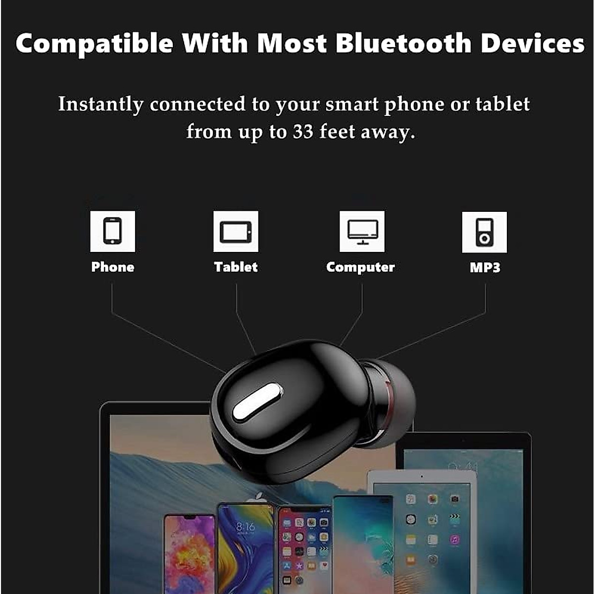 Wireless Earbuds, Single Bluetooth Earbud 5.0, Mini Invisible Headset, in-Ear Headphone with Charging Cable, HiFi Stereo Headset for Sports Driving, 5 Hrs Playtime for iOS Android Phones PC (Black)