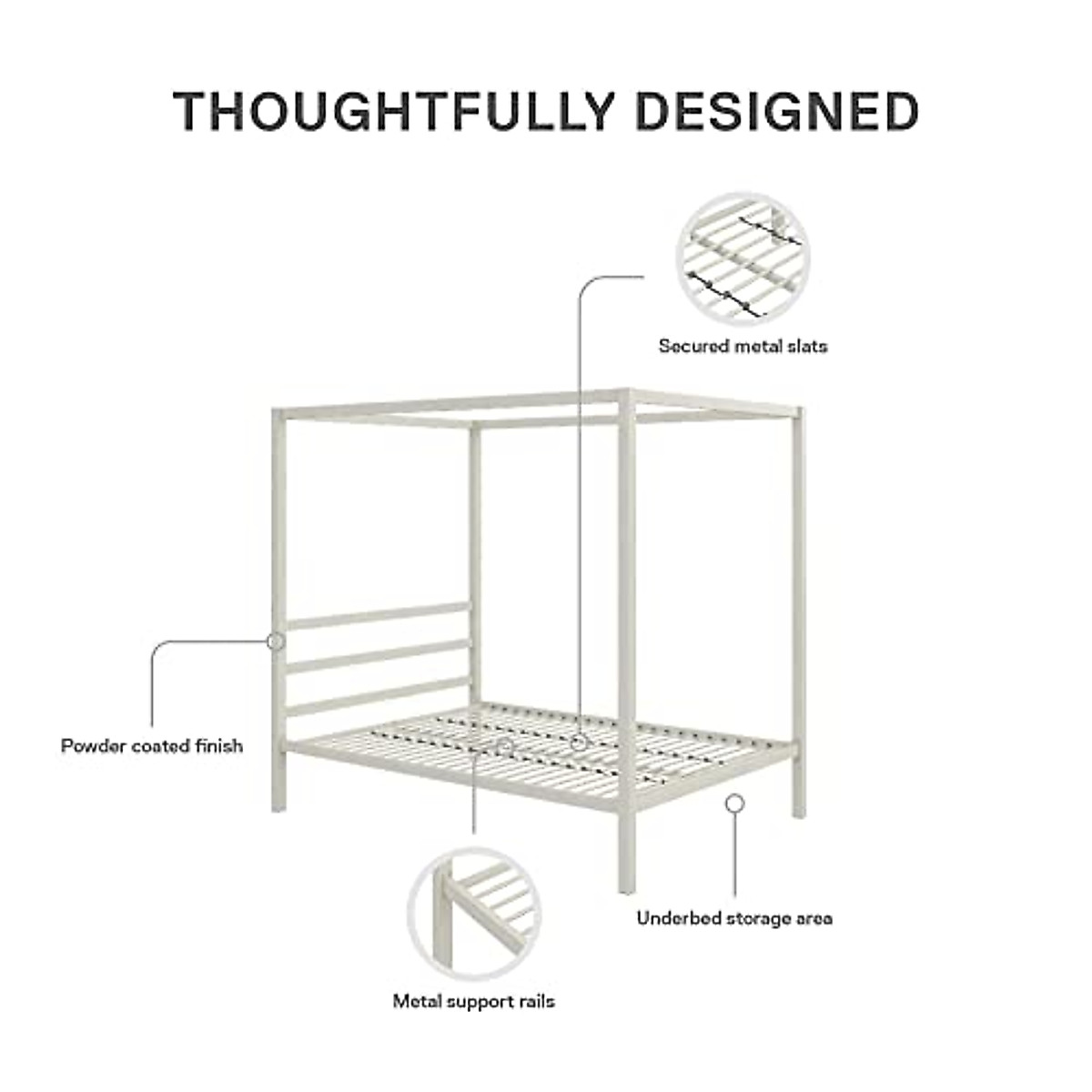DHP Modern Metal Canopy Platform Bed with Minimalist Headboard and Four Poster Design, Underbed Storage Space, No Box Spring Needed, Full, White