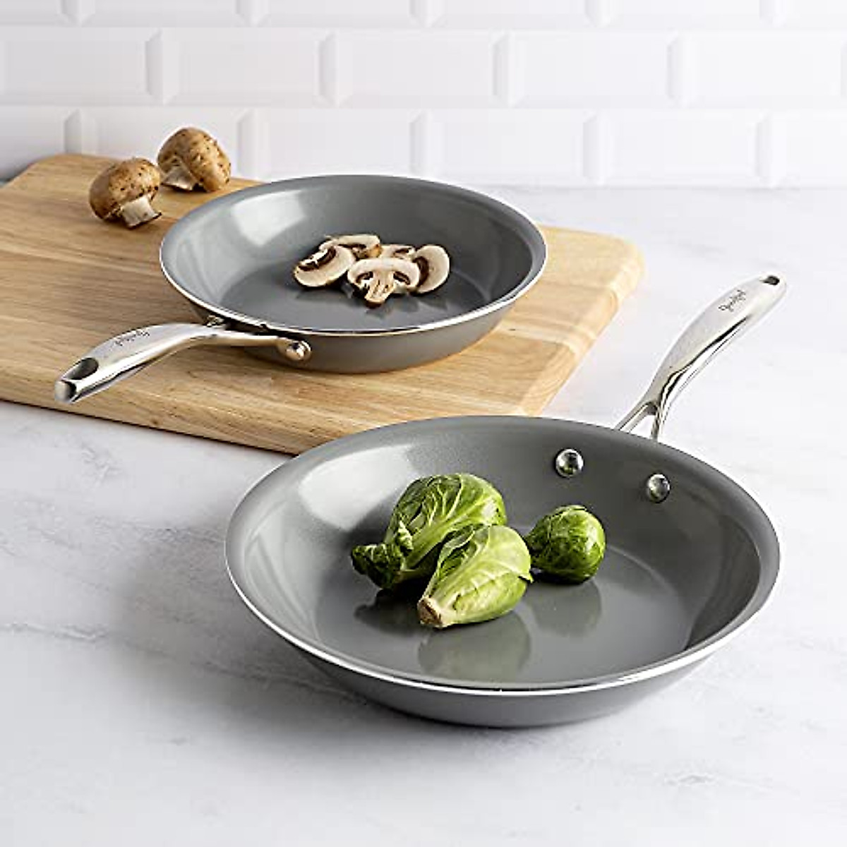 Goodful Ceramic Nonstick 2 Piece Frying Pan Set, 8 Inch and 9.5 Inch Skillets, Dishwasher Safe Pots and Pans, Comfort Grip Stainless Steel Handle, Made without PFOA, Gray