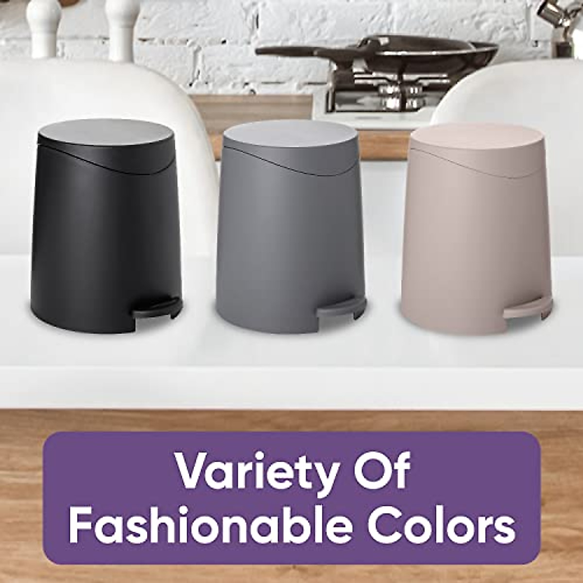 Superio Small Trash Can with Lid 3 Lite, Plastic Mini Waste Bin 0.75 Gallon, Modern Flat Lid Step Trash Can with Foot Pedal, Bathroom, Bedroom, Office, Under Desk, Soft Close (White)