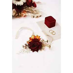 Ansofi Wrist Corsage Wristlet Band Bracelet for Women Bride Bridesmaid, Burgundy & Burnt Orange Corsages for Wedding Set of 6…