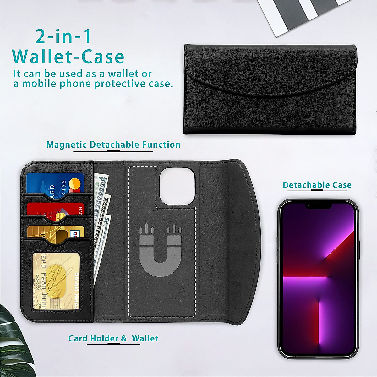 FYY Designed for iPhone 13 Pro 5G Case, [Support Magsafe Charging] 2-in-1 Magnetic Detachable Wallet Phone Case with Card Holder Protective Cover for iPhone 13 Pro 5G 6.1" Black