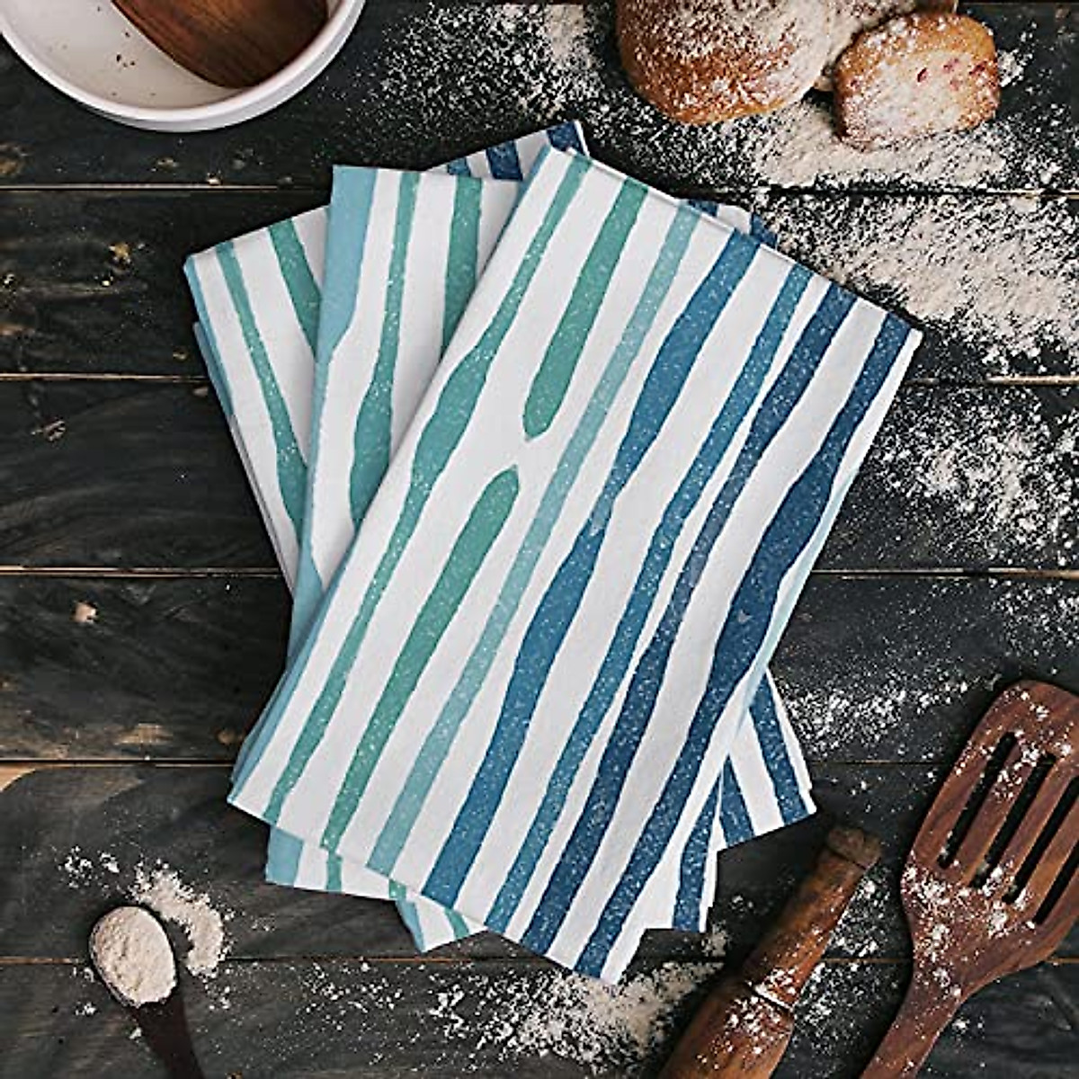 LUSWEET Kitchen Towels Wave Stripe Blue Green Soft Cotton Reusable Absorbent Cleaning Kitchen Dish Towels for Kitchen Cleaning,Dishwashing,Kitchen,Bathroom,18X28 Inch, 3 Pack