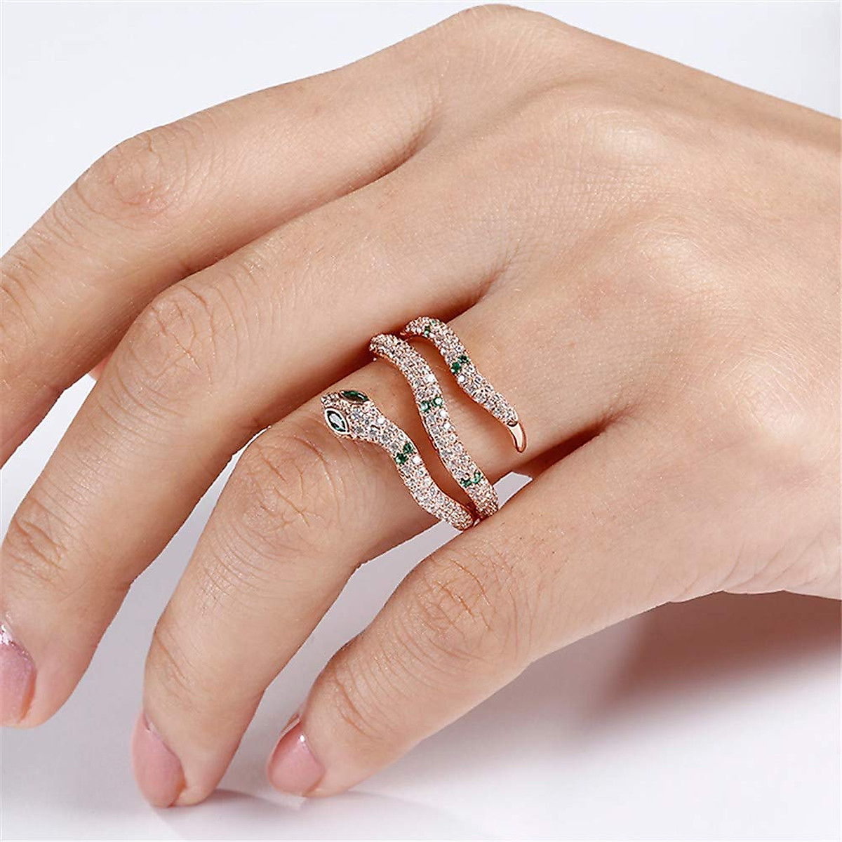 GNOCE "Creative Life Force 18K Rose Gold S925 Sterling Silver Green Snake Ring With Clear Cz Stones Womens Cool Crystal Jewelry Accessories Snake Rings For Women Fashion Rhinestones Rings (8(U.S))