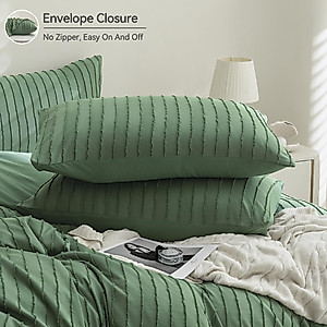 JELLYMONI Green Duvet Cover Queen Size - 3PCS Microfiber Tufted, Boho Striped, Textured Duvet Cover with Corner Ties & Zipper Closure