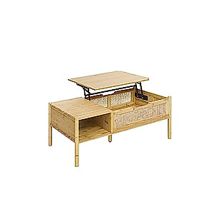Modern Natural Bamboo and Rattan Table, Lift Coffee Table. Adjustable Storage Rack Living Room