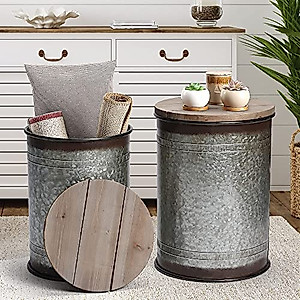Rustic Storage Ottoman Seat Stool, Farmhouse Accent Side Table, Antique Galvanized Metal End Table Box Bin with Round Wooden Lid Set of 2 (Stand Galvanized)