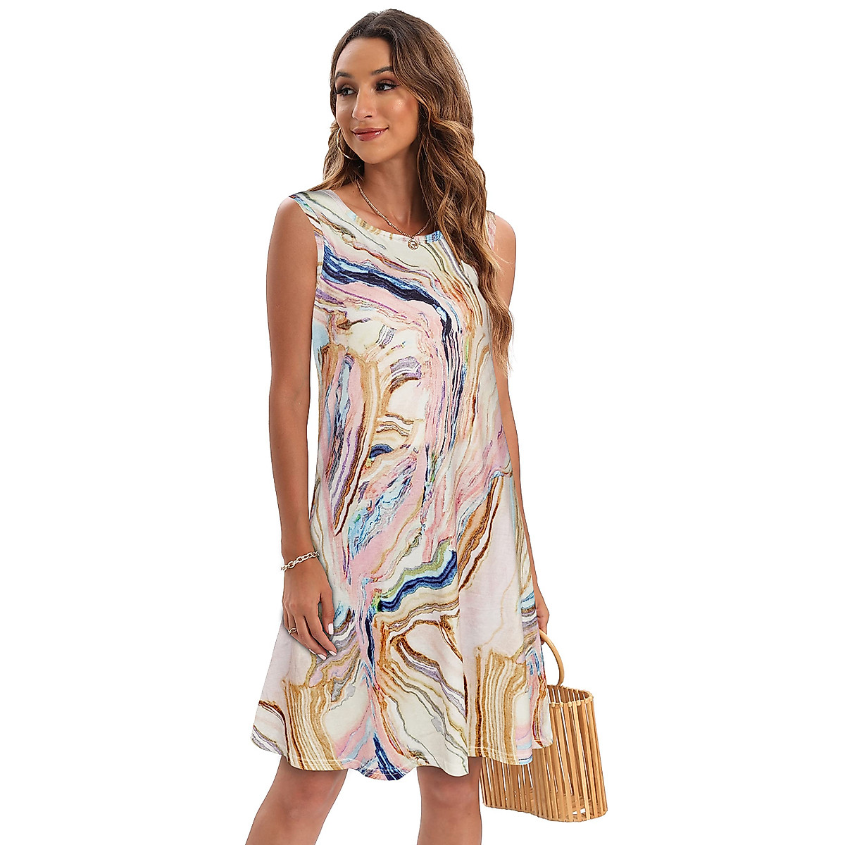 elescat Tie Dye Dresses for Women Summer Beach Sleeveless Sundress Pockets Swing Casual Loose Tshirt Dress(Pink Col,XL)