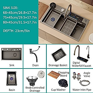 Single Bowl Workstation Kitchen Sink Stainless Steel Waterfall Sink With Multifunctional Digital Display Faucet And Sink Accessories (Color : Black, Size : 75x45cm)