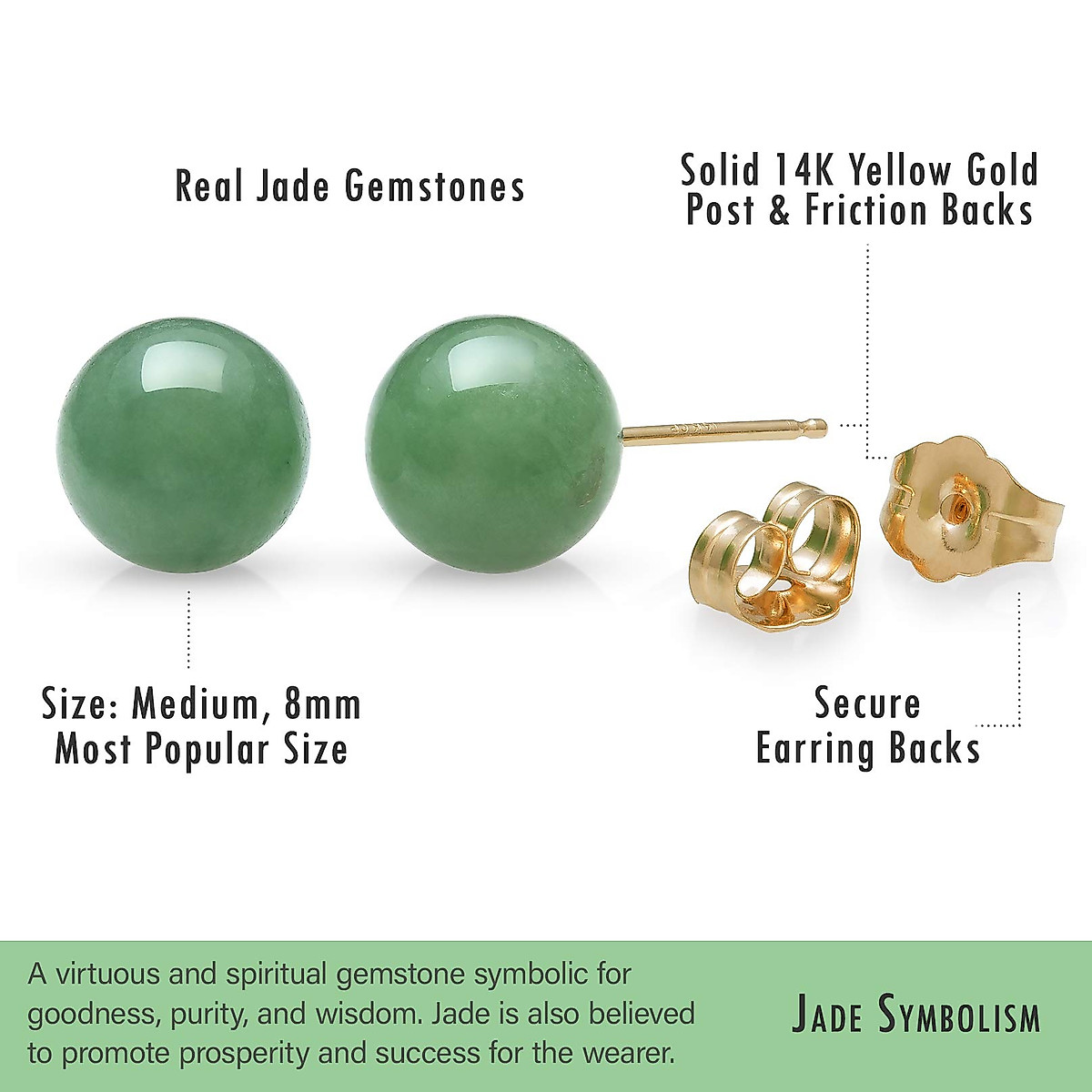 14K Yellow Gold Natural Green Jade Round Stud Earrings (8mm)