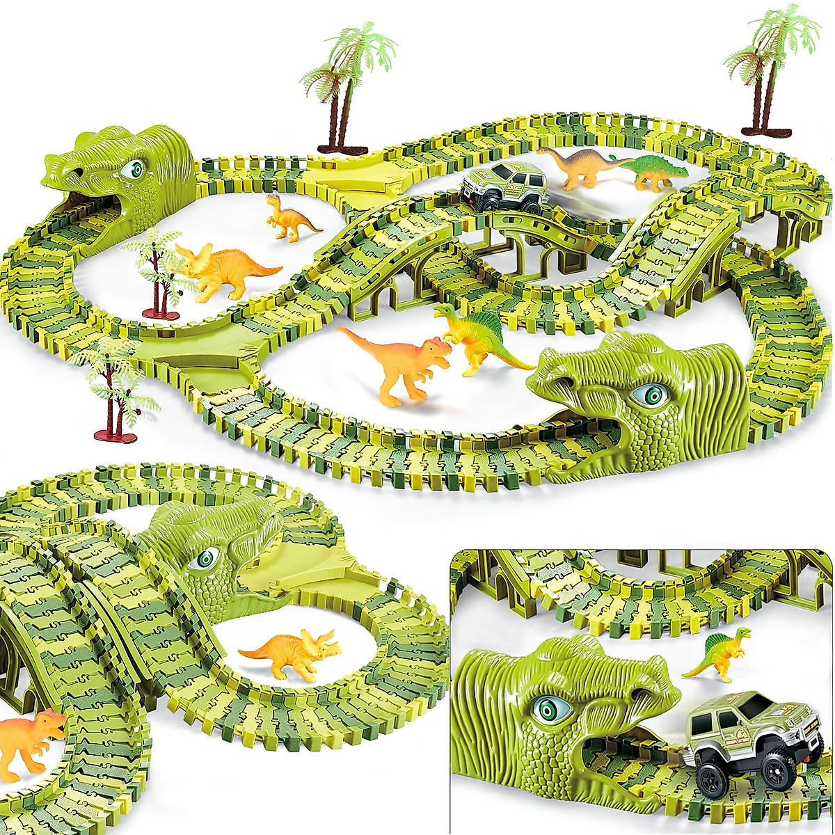 AIVIAI Dinosaur Race Tracks Toys for Boys,289Pcs Flexible Track Playset with a Race Car / 6 Toy Dinosaurs / 4 Trees, for 3 4 5 6 7 8 Year Old Boys and Girls