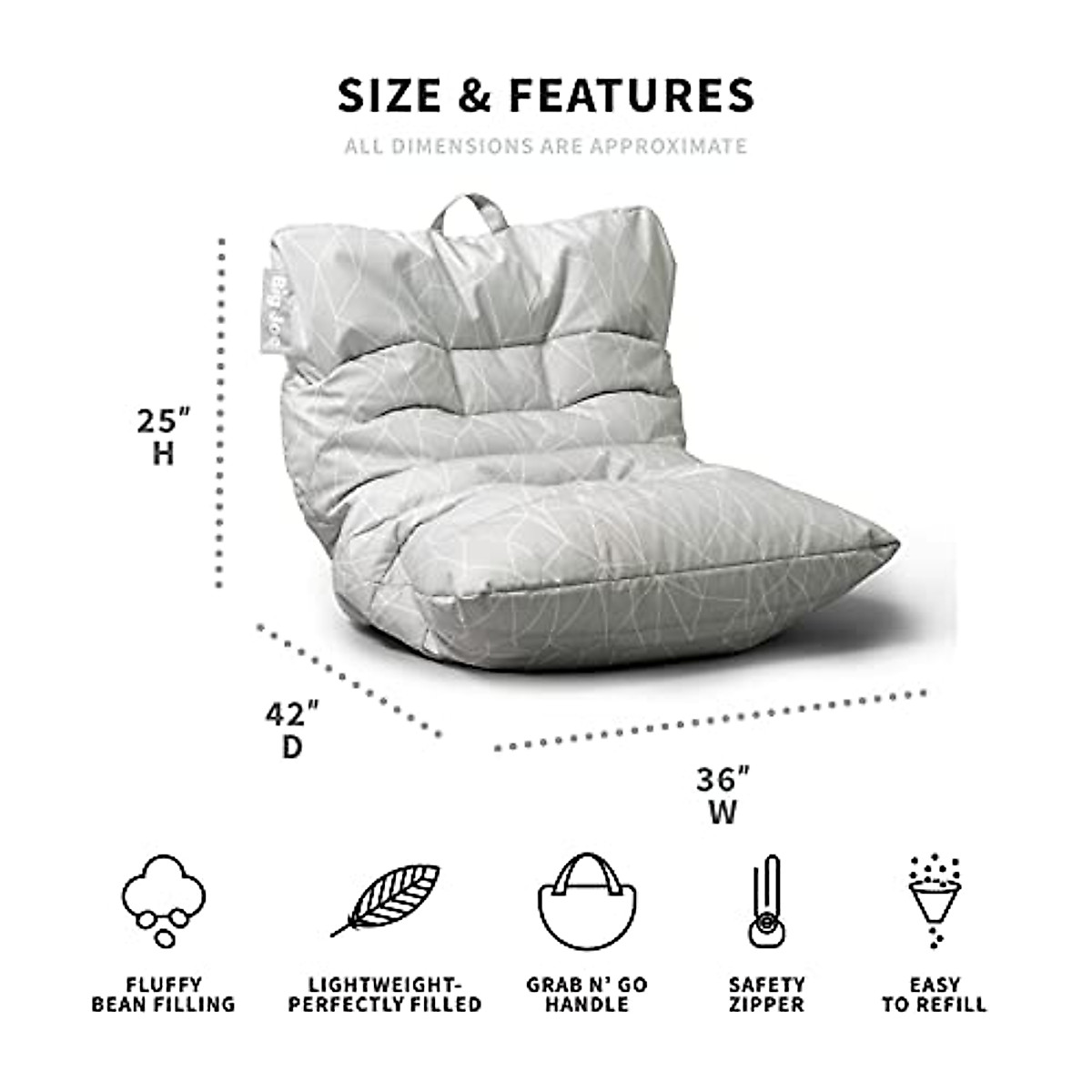 Big Joe Roma Bean Bag Chair, Moonstone Tessellation Lenox, 3ft & Bean Refill 2Pk Polystyrene Beans for Bean Bags or Crafts, 100 Liters per Bag