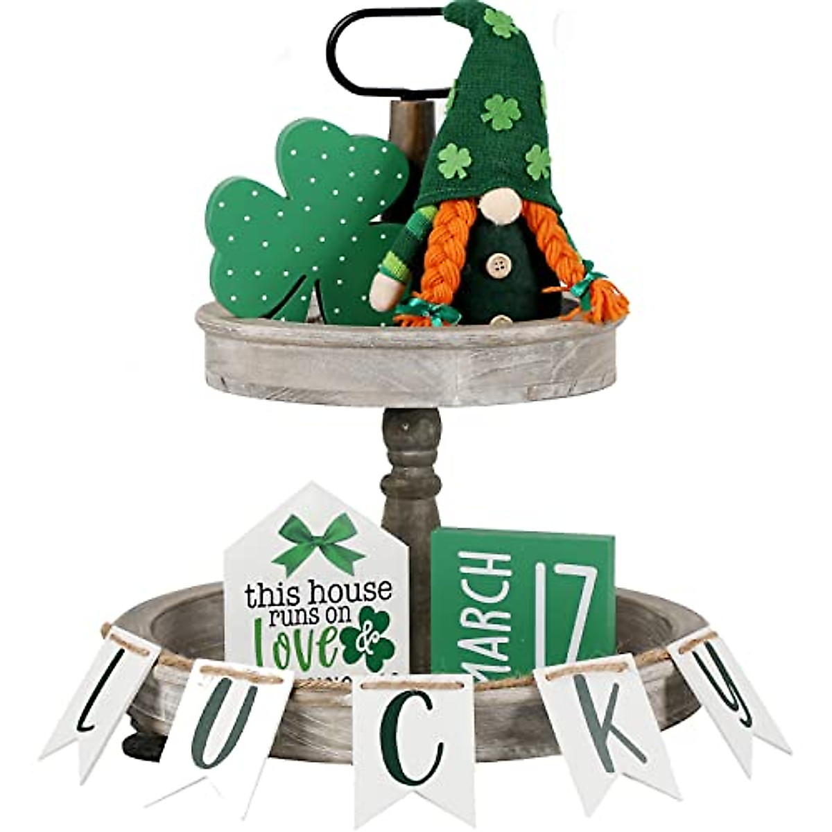 5PCS St. Patrick 's Day Tiered Tray Decor, Gnome, Irish Wood Shamrocks， St.Patrick Day Wood Signs LUCKY Ornament Decoration for Home