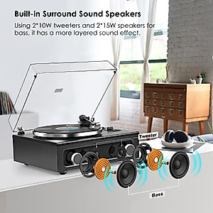 All-in-One Record Player High Fidelity Belt Drive Turntable for Vinyl Records Built-in 2 Tweeter and 2 Bass Stereo Speakers, Vinyl Player with MM Cartridge, Bluetooth, Aux-in, RCA, Auto Stop Black