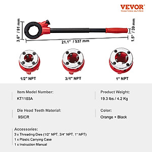 VEVOR Ratchet Pipe Threader Kit, 1/2" NPT, 3/4" NPT, 1" NPT Manual Ratcheting Pipe Threader, Portable Pipe Threading Tool Set with 3PCS NPT Dies, Storage Case for Galvanized Aluminum Iron Copper Pipes
