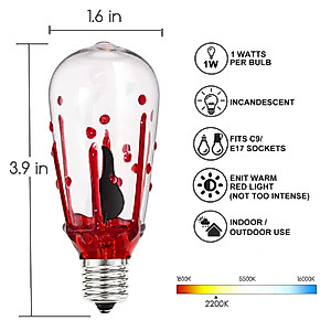 Pallerina Halloween Replacement Bulbs, Halloween Flicker Flame Light Bulbs, ST40 Blood Drop Light Bulbs with a Flickering Red Glow, Halloween Decorations 1 Watt E17 Base, 10 Pack
