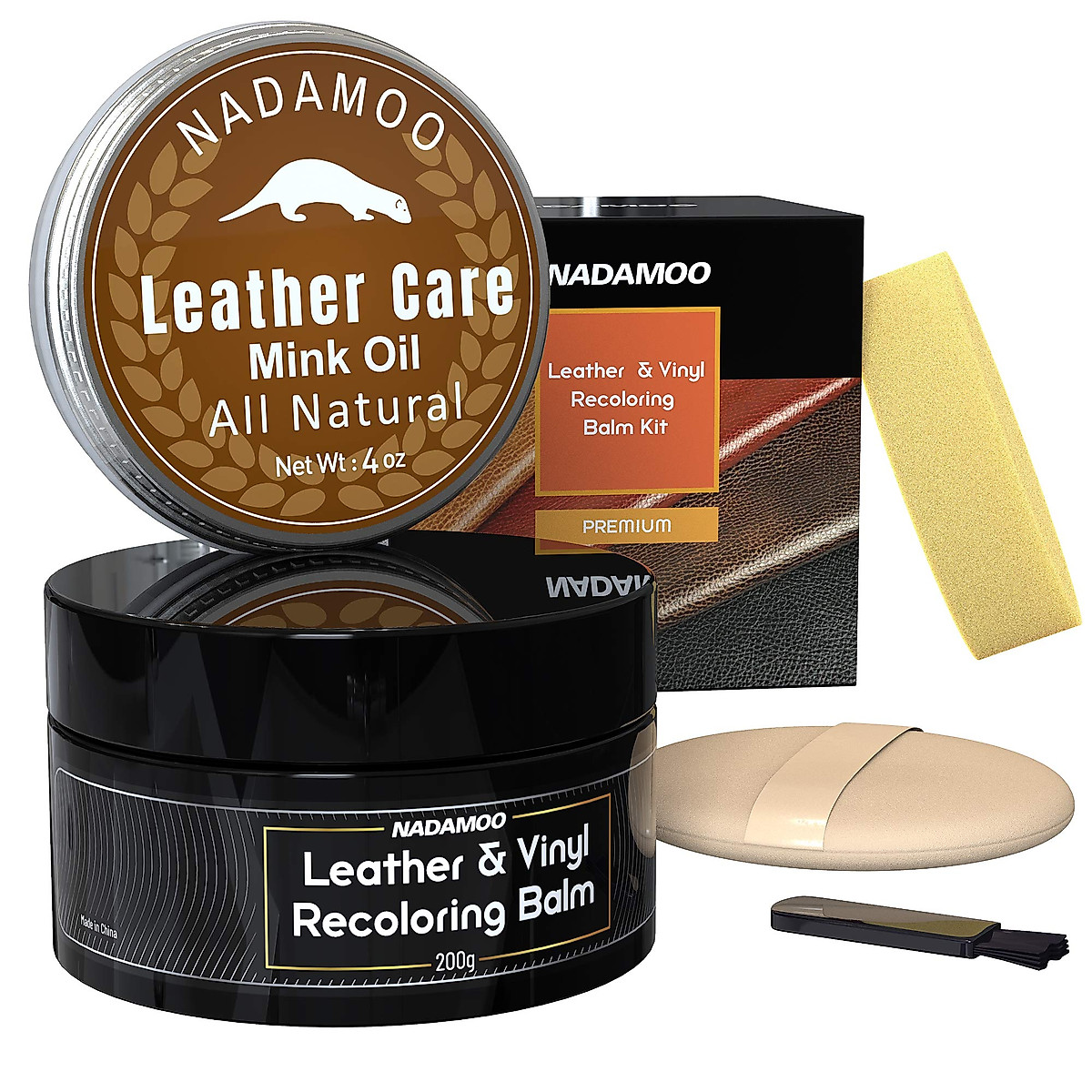 NADAMOO Black Leather Recoloring Balm with Mink Oil Leather Conditioner, Leather Repair Kits for Couches, Restoration Cream Leather Scratch Repair Leather Dye For Vinyl Furniture Car Seat, Sofa, Shoes
