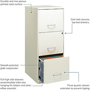 Scranton & Co 18" Deep 3 Drawer Metal Vertical File Cabinet, Letter Size, Locking, Home Office, in Pearl White