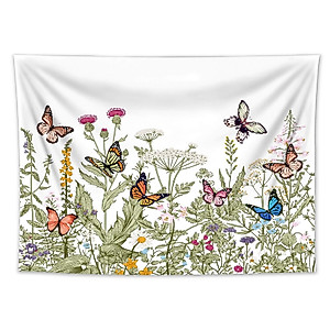 HVEST Leaf Butterfly Tapestry Wall Hanging, Sage Green Leaves and Flowers with Butterflies Wall Hanging Tapestry Spring Plant Tapestry for Bedroom Living Room Wall Decor, 60x40 Inches