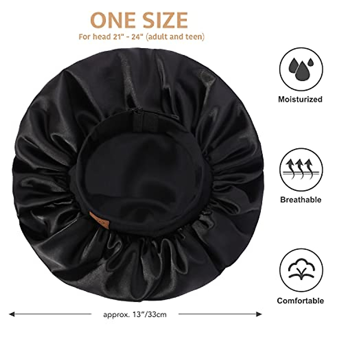 Hat Hut Satin Bonnet Silk Bonnet Sleep Cap for Women Hair Bonnet for Curly Natural Hair Sleeping Adjustable Wide Band Double Layer (Black)