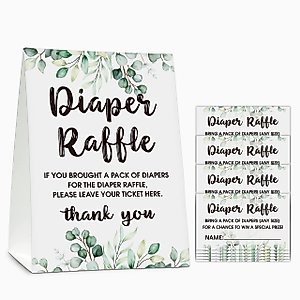Diaper Raffle Baby Shower Game Set(1 Standing Sign + 50 Guessing Cards), Greenery Diaper Raffle Tickets for Baby Shower, Gold Foil Baby Shower Party Favor Decor - A11