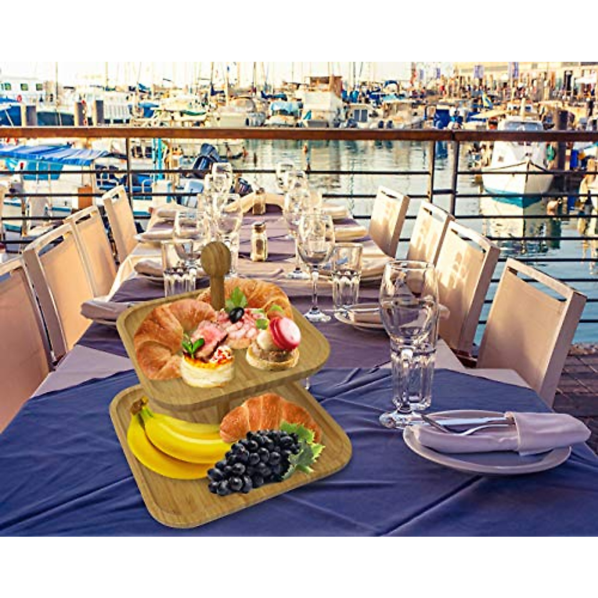 Decorative 2-Tier Square Bamboo Serving Tray with Wooden Handle - Cupcake Stand - Home Decor for Kitchen Counter, Dining Room Table, and Coffee Bar - 9.5" x 9.5" x 10"