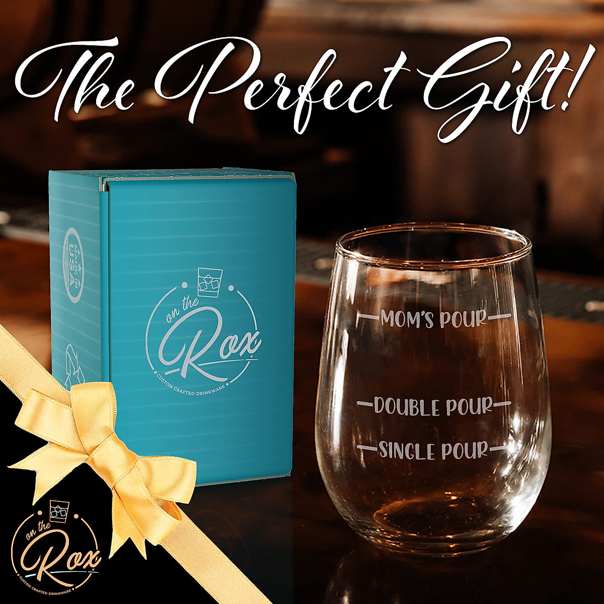 On The Rox Drinks Wine Gifts for Mom- 17Oz “Single Pour, Double Pour, Mom’s Pour” Engraved Stemless Wine Glass - Funny Birthday, Mother’s Day Gifts for Mothers - Fun Mother Glasses