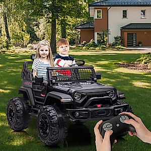 Nasitip 2 Seats Battery Powered Electric Truck with Remote Control, 24V Kids Ride on Toy with 20” Extra Width Seat, LED Headlights, Front Storage, FM, Bluetooth, USB,Black (BDM0935-BlackforVC)