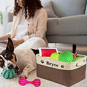 MALIHONG Personalized Dog Toy Box Collapsible Storage Basket Sturdy Fabric Storage Bin with Handles for Organizing Shelf Home Closet, Brown and White Size - 15" x 11" x 8.3"