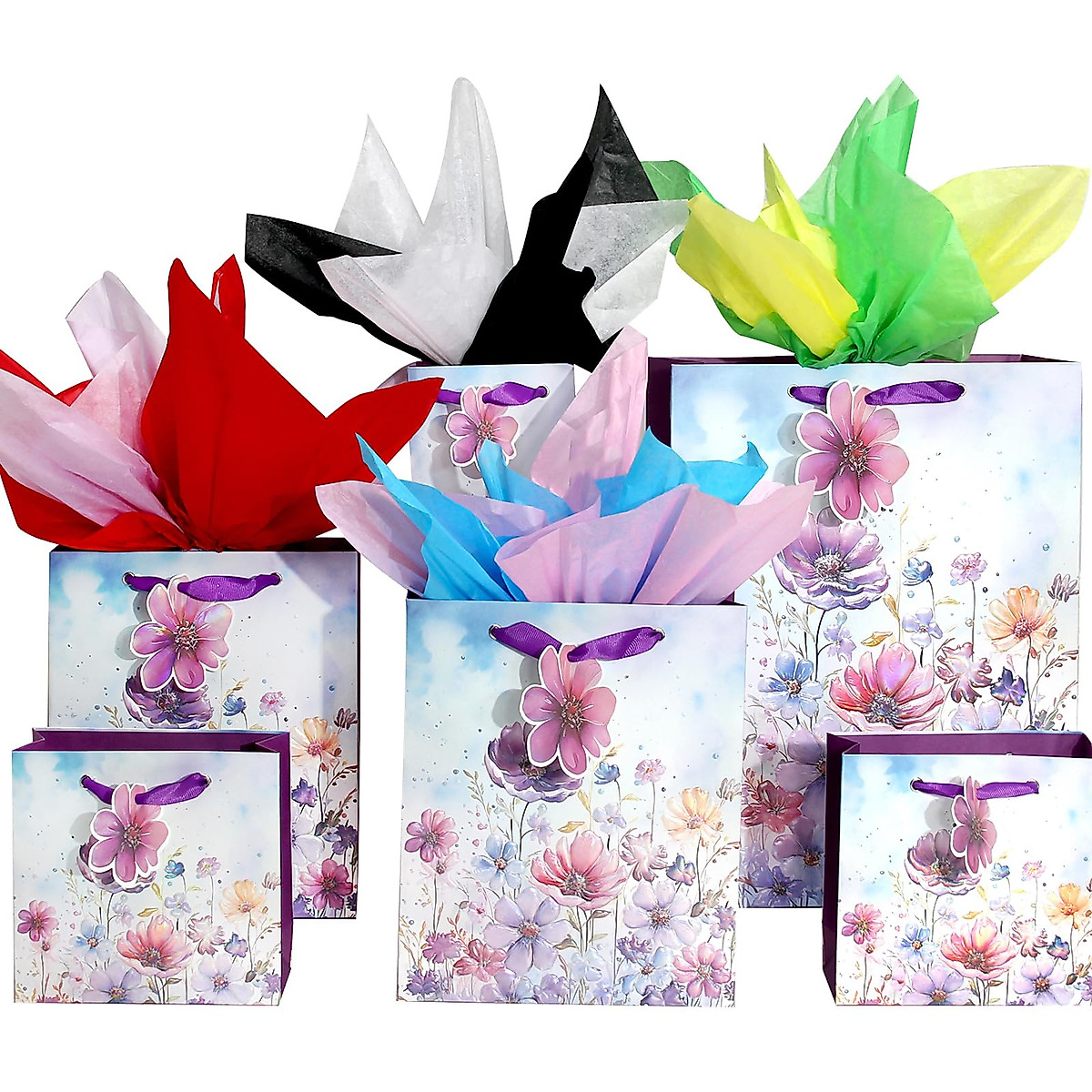 6 Pack Purple Flowers Pattern Embossed Paper Gift Bag with Handles, Assorted Paper Bags with 8 Pcs Tissue Paper for Girls/Women Baby Shower, Celebrations,Birthday,Wedding and Any Occasions
