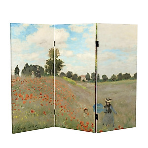Red Lantern 3 ft. Short Double Sided Works of Monet Canvas Folding Screen 3 Panel Freestanding Partition and Separator for Modern and Contemporary Bedroom, Home Office, Studio, Dorm, Apartment