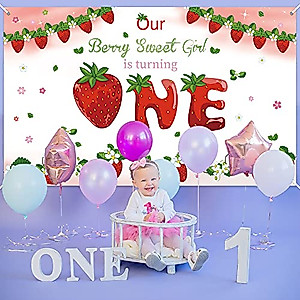 Strawberry 1st Birthday Backdrop for Girls, Our Berry Sweet is Turning Baby Girls First Birthday Background, 42.9 x 70.2 inches Photography Props Summer Fruits Kids Party Decorations