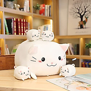 SQEQE Cute Cat Plush Toy with 4 Baby Plush Kitties in her Tummy, Stuffed Cotton Plush Animal Toy Gift for Kids