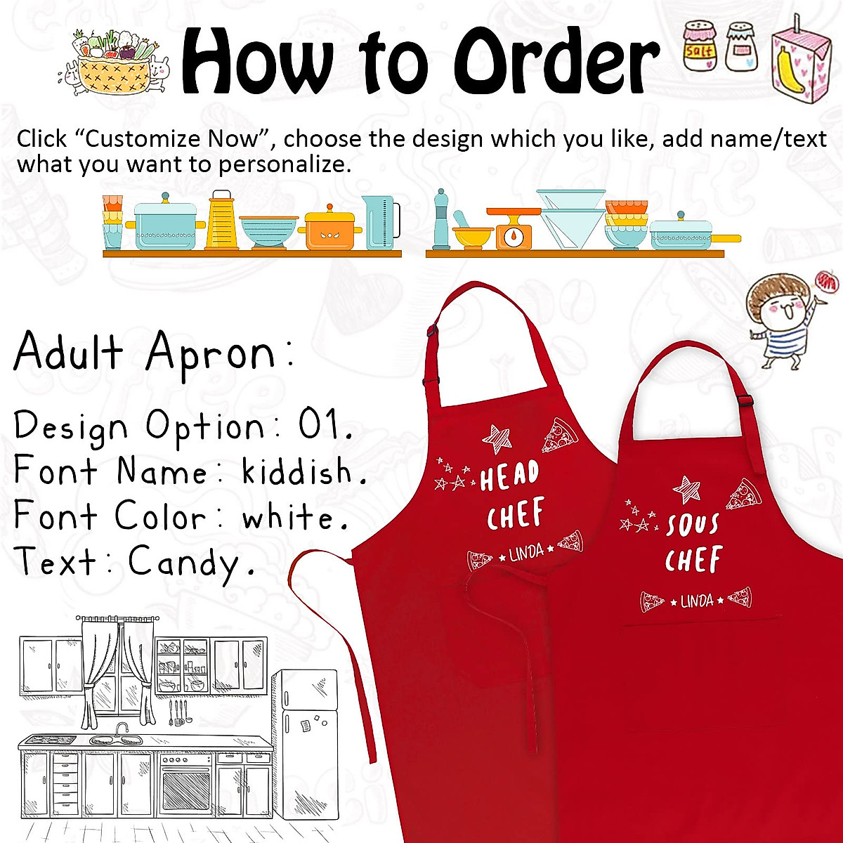 Atdesk Customized 2 Pack Parent-Child Aprons, Matching Family Apron Set, Adjustable Father Son Mummy Daughter Cooking Apron, Head Chef Sous Chef Bib Aprons with Pockets(Red)