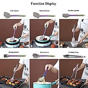38 Piece Silicone kitchen Cooking Utensils Set with Utensil Crocks, Silicone Head and Stainless Steel Handle Cookware, Kitchen Tools for Utensil Set, Non-Stick kitchen Gadgets,Dishwasher Safe(Rainbow)