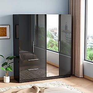 VINGLI 72.8" H Wardrobe Closet with Mirror, High Gloss 4 Door Armoire with 2 Drawers, Wardrobe Cabinet with Hanging Rod & Shelves, Modern Black Freestanding Armoire Wardrobe Closet for Bedroom, Wood