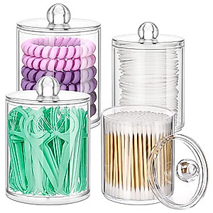4 Pack Qtip Holder Dispenser - 10oz, 12oz Clear Plastic Apothecary Jars Set - Restroom Bathroom Makeup Organizers Containers for Floss, Cotton Ball, Cotton Swab, Cotton Round Pads, Hair Ties, Bath Salt