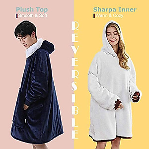 Blanket Sweatshirt, Oversized Soft Sherpa Plush Wearable Hoodie Blankets for Adults Women Men, Blue