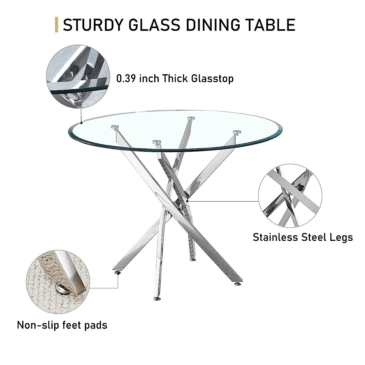 Pvillez Contemporary Dining Table, 36" Round Tempered Glass, Stainless Steel Base, Seats 4, Clear Kitchen Table for Dining