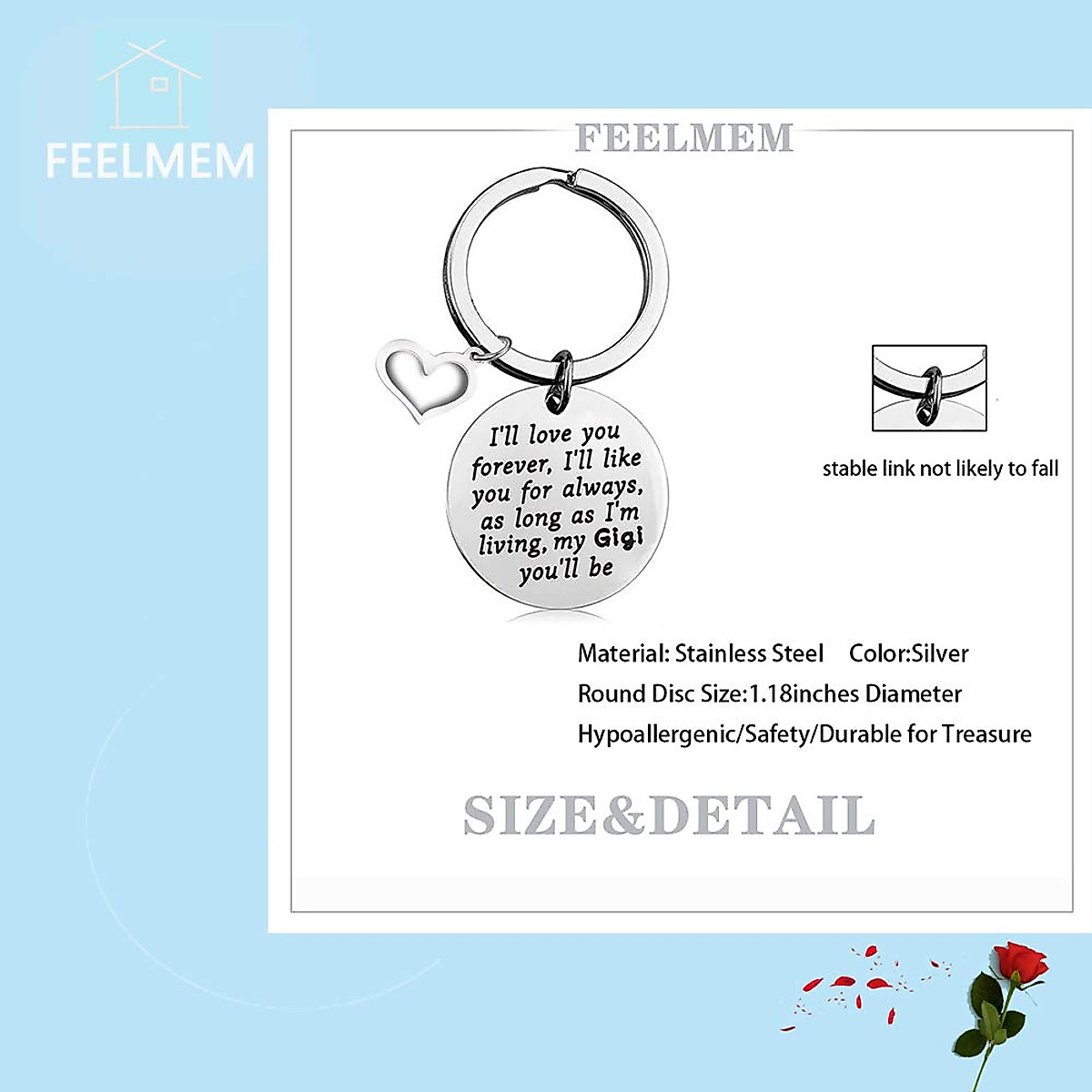 FEELMEM Gigi Keyring Grandma Gift I'll Love You Forever Keychain Gigi Jewelry Mother's Day Gift for Grandmother Nana (Silver)