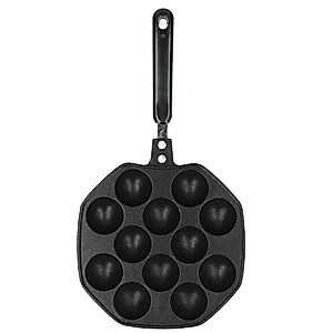 Joyzan Takoyaki Pan, 12 Hole Grill Cast Iron Maker Nonstick Aluminum Heavy Duty Cooking Octopus Meat Ball Plate Preseasoned Cookware Half Sphere Griddle with Handle Pancake Puff Home Electric Stovetop
