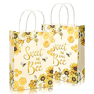 Whaline Honey Bee Gift Bags with Handles Watercolor Sweet as Can Bee Goody Bags Kraft Paper Yellow Treat bags for Wrapping Holiday Gifts Classrooms Party Favors Birthday Decoration, 16 Pieces