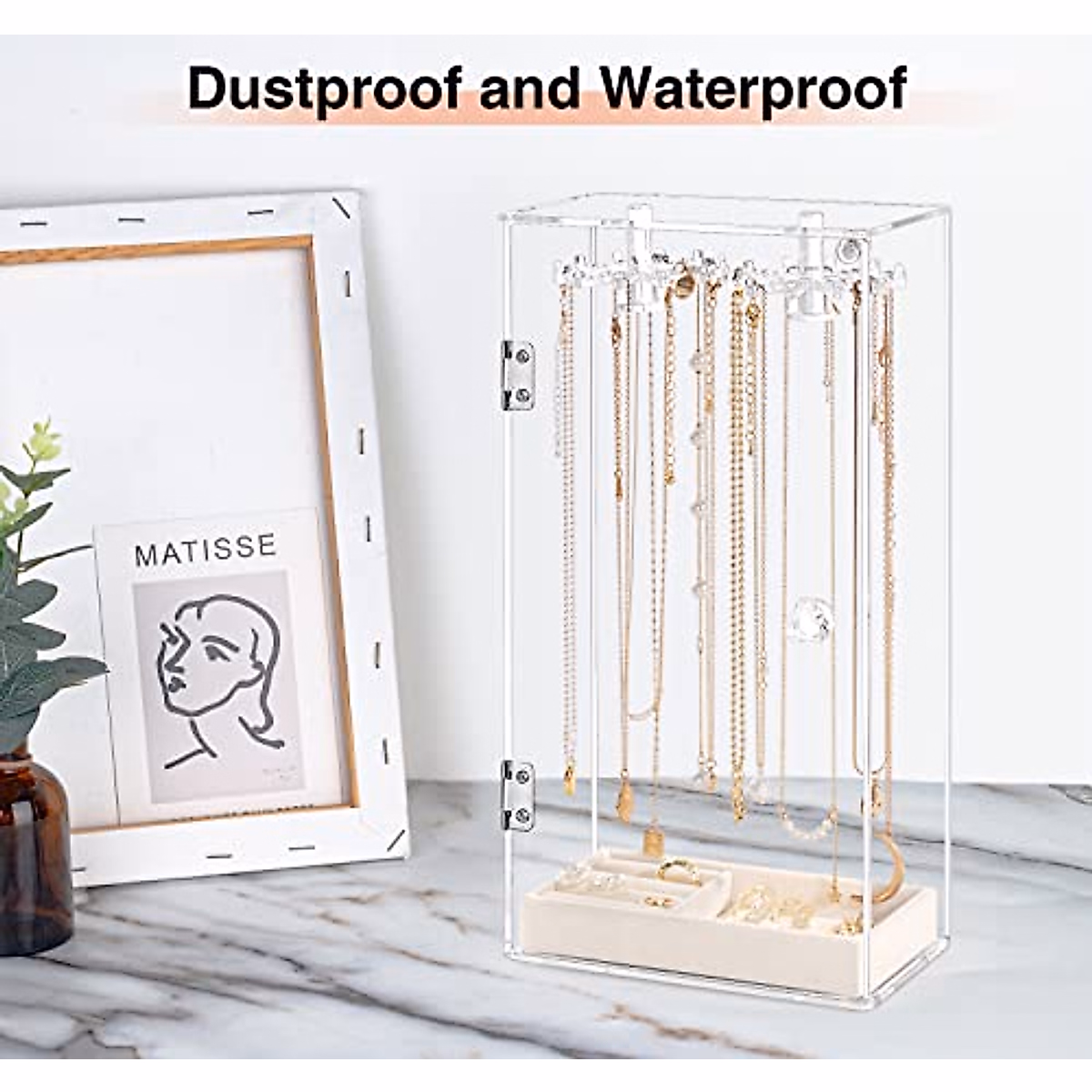 Necklace Holder, Acrylic Jewelry Organizer with 24 Hooks, Rotation Clear Necklaces Pendant Display Case Stand, Dust-proof Velvet jewelry Tray Hanging Rack Storage for Earrings Rings Necklaces