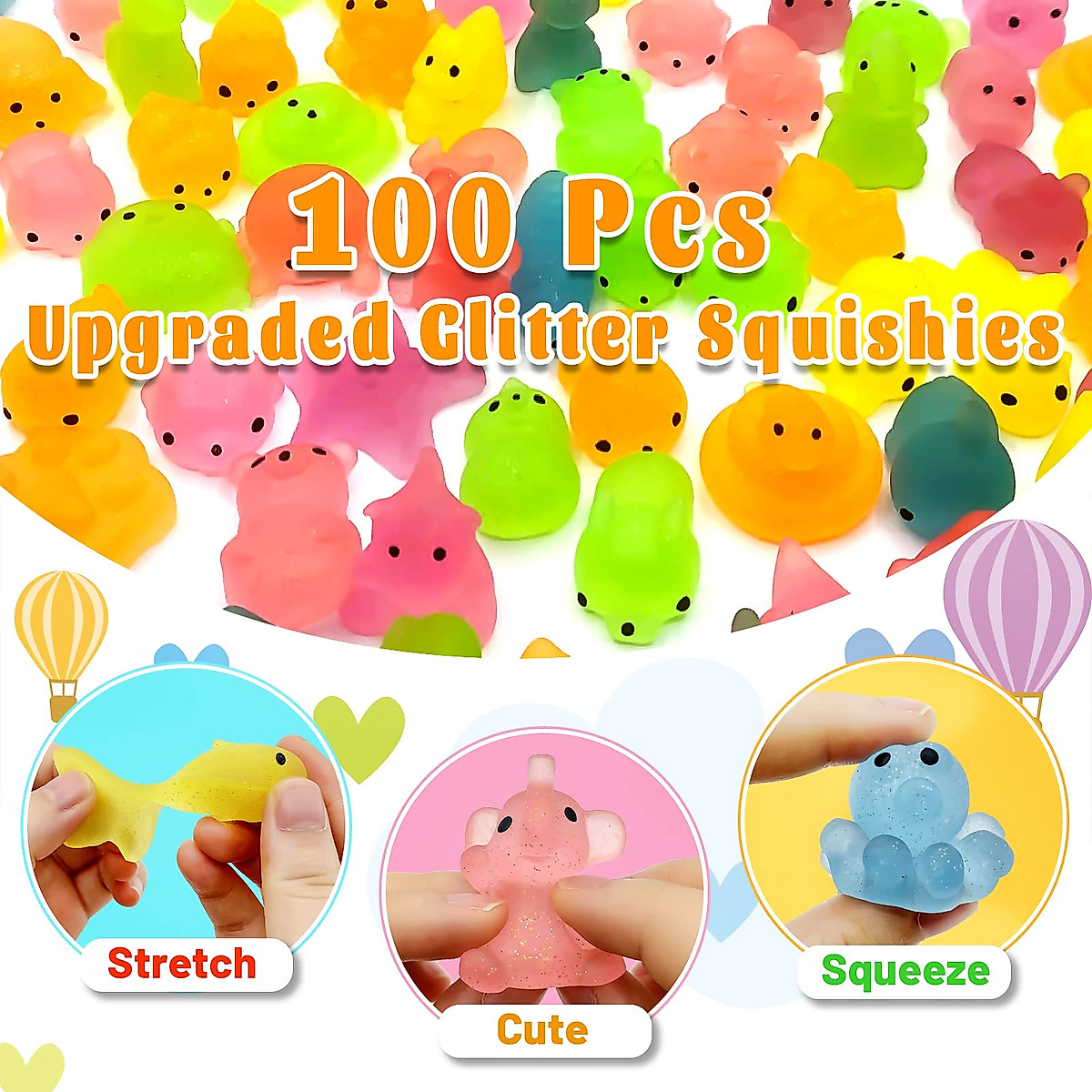 100 Pcs Kawaii Squishies 2nd Generation Glitter, Halloween Mochi Squishy Toys for Kids Party Favors, Stress Relief Fidget Toys for Classroom Prizes, Goodie Bag Stuffers, Xmas Gift for Kid Adult