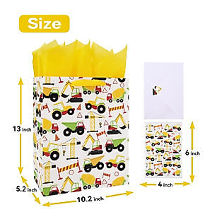 13" Large Construction Vehicle Gift Bags Set with Greeting Card and Tissue Paper (Yellow Car Design) for boys, Construction Kids Birthday Party, Baby boy, Baby Shower, Truck, Newborn -10.2”x5.2”x13”, 1 Pcs