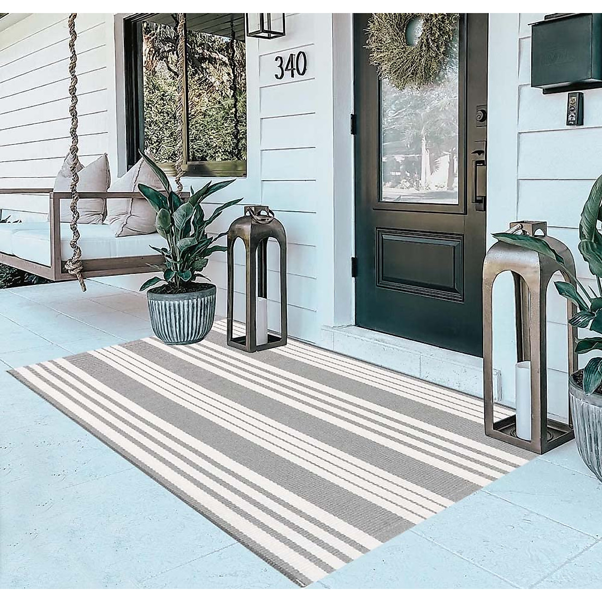 Grey and White Outdoor Rug 3'x 5' Front Porch Rug Cotton Hand-Woven Striped Rug Machine Washable Indoor/Outdoor Area Rug Front Door Floor Mat for Farmhouse/Layered Door Mats/Living Room/Entryway
