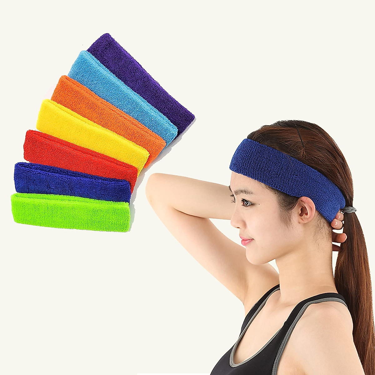 HLCM Cotton Sports Headband - 7 Colorful Sports Sweatbands, Men's Non-Slip Sweat Headbands, Girls' Yoga Headbands, Non-Slip Headbands for Running, Fitness, Gym Exercises