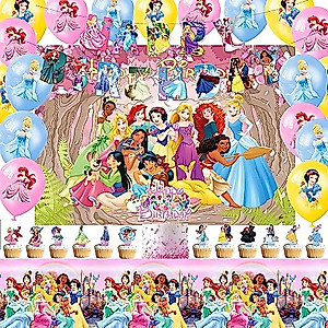 Princess Birthday Party Decorations,Include Banner,Backdrop, Latex Balloons, Cupcake, Cake Topper, Tablecloth for Princess Themed Birthday Party Supplies.