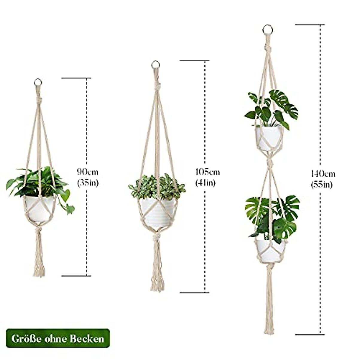 5 Pack Macrame Plant Hangers, Indoor Hanging Plant Holder with S Hooks and Hook Nails, 3 Sizes 34"/40"/54", Handmade Macrame Planter Hanging Baskets for Small Plant Pots, Boho Home Decor (Beige)